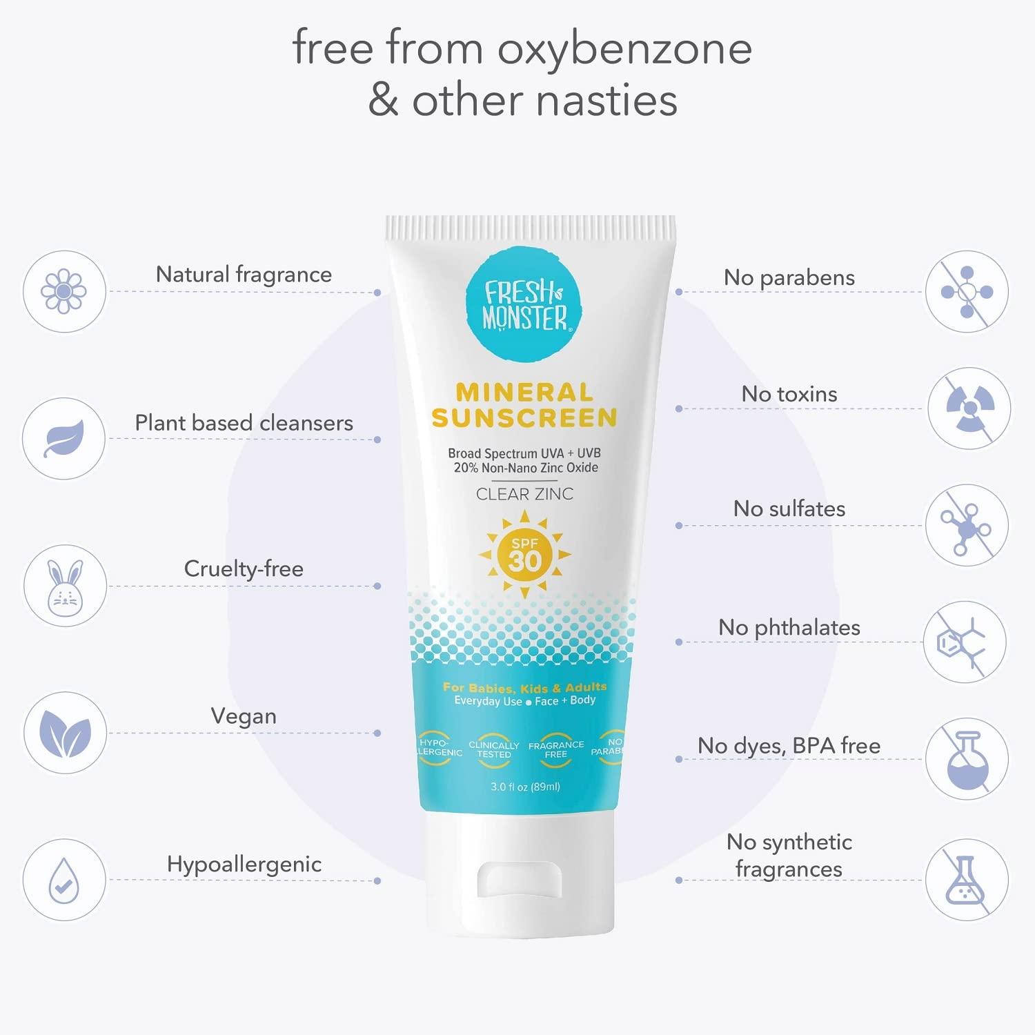 Fresh Monster Kids Sunscreen SPF 30 | Clear Non-Nano Zinc Oxide Mineral ...