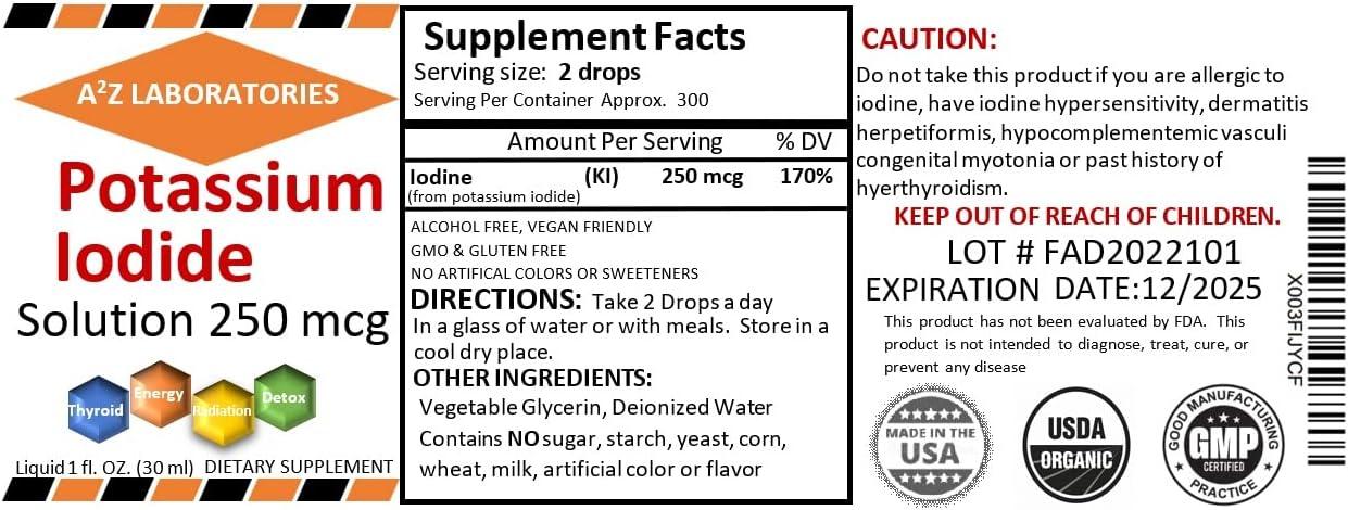 A2Z Potassium Iodide Liquid Drops 250 mcg Supplement - Thyroid Support - More Bioavailable Than ...