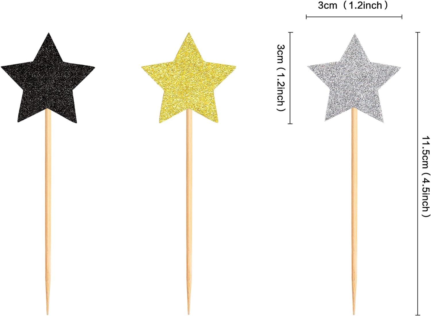 120 Pcs Star Cupcake Toppers Happy New Year Glitter Black Gold and ...