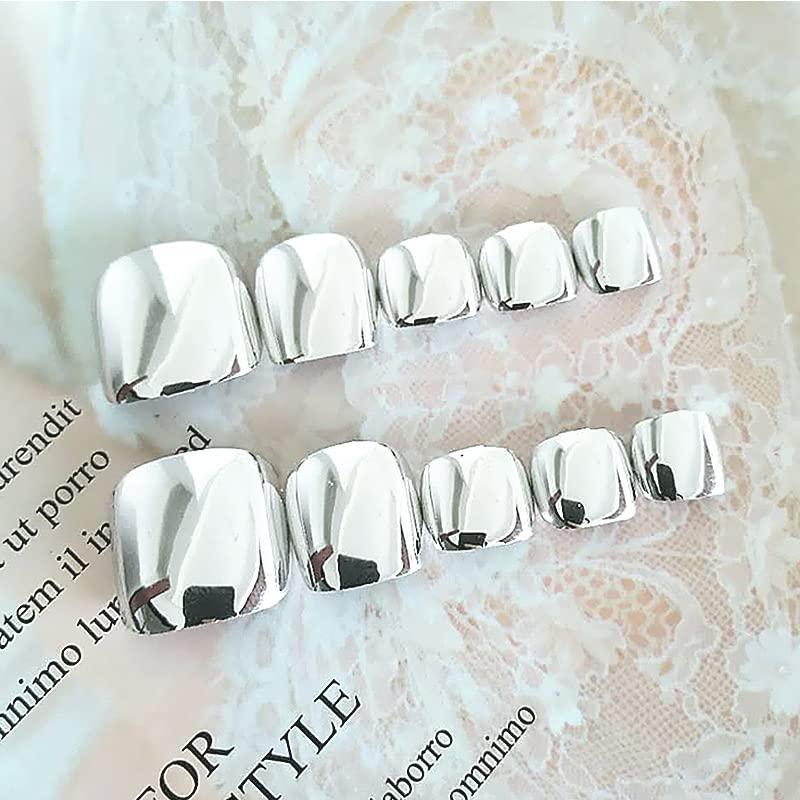 Silver Chrome Press On Toes Nails | Short Glossy Acrylic Fake Toenails ...
