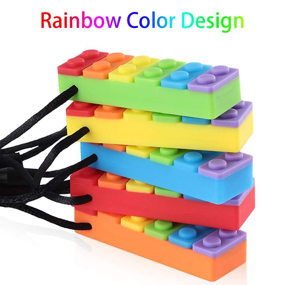 5-Pack Rainbow Brick Silicone Bite Rings - Sensory Chewing Necklace for ...