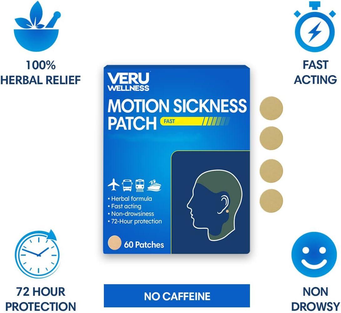 Veru Wellness Motion Sickness Patch - 60 Pack | Fast Acting Herbal Relief for Car, Airplane ...