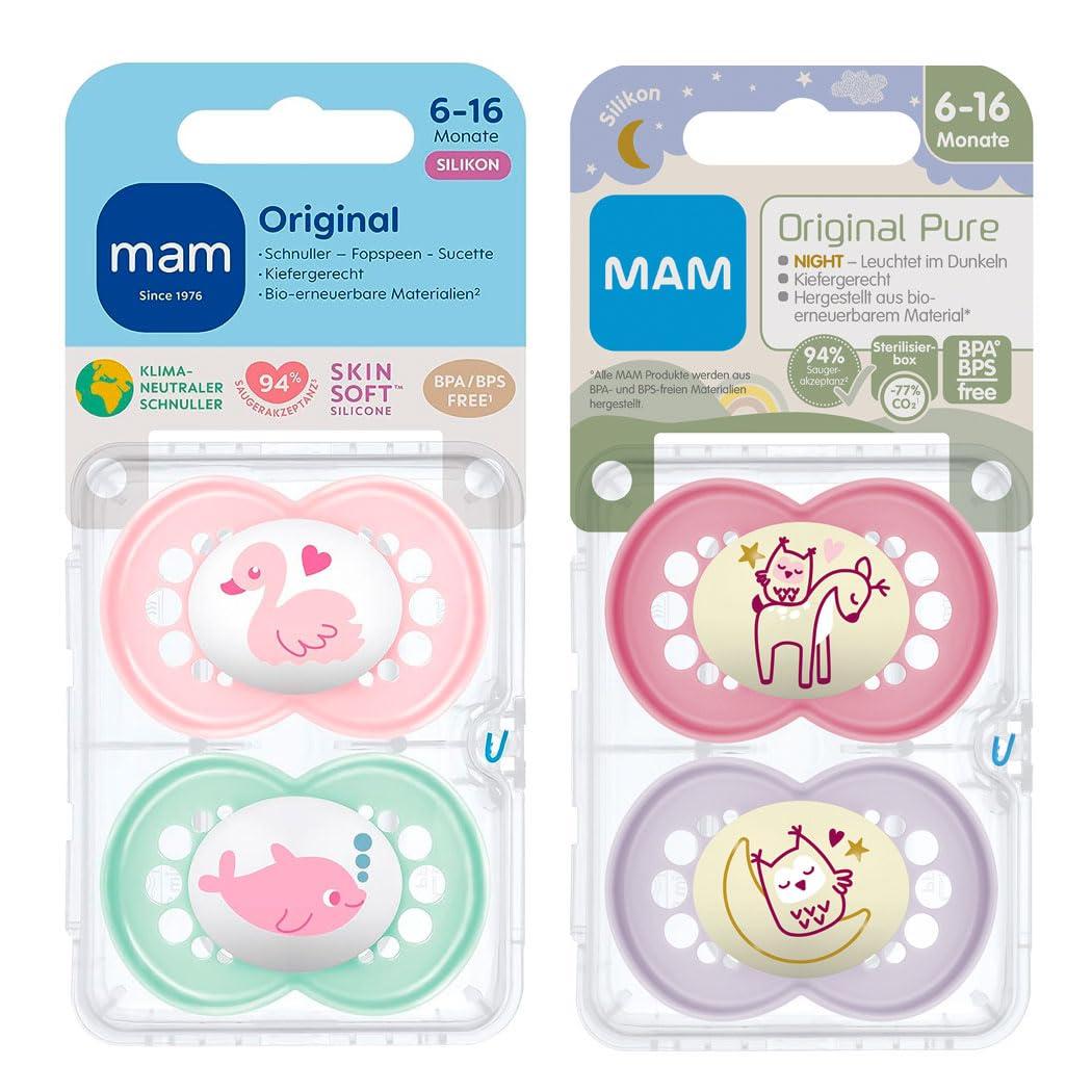 MAM Day & Night Original Girls Silicone Pacifiers 6-16 Months - Set of ...