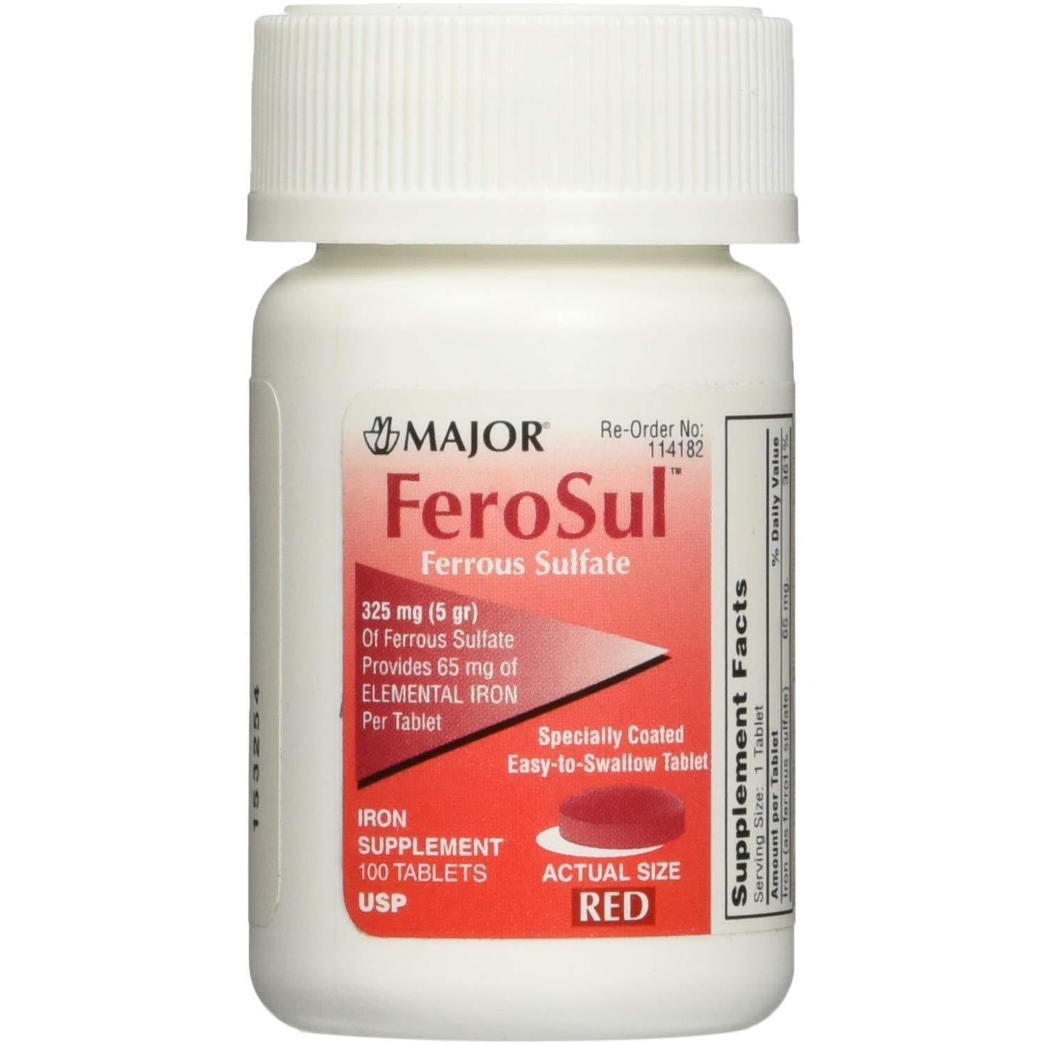 Major Ferosul Ferrous Sulfate 325mg Iron Supplement - 100 Tablets Per ...