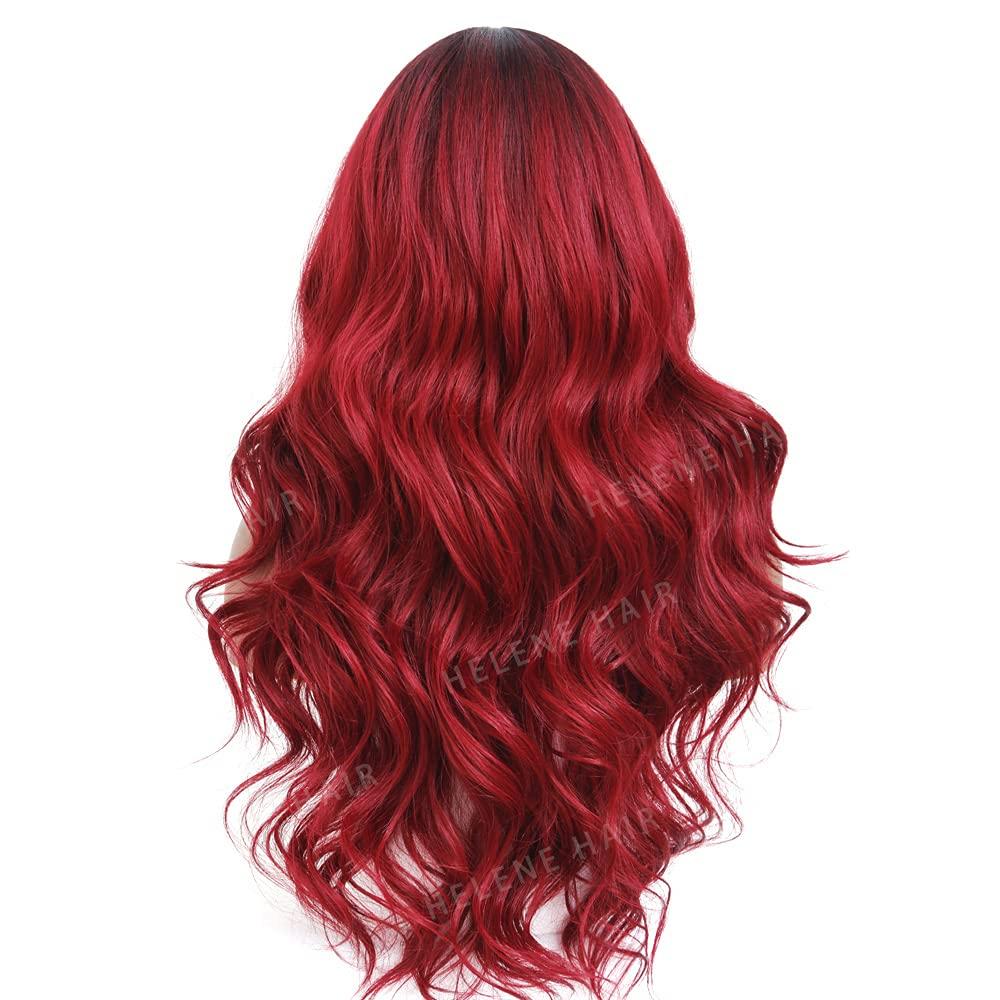 Burgundy Red Ombre Wine Long Wavy Wig with Bangs - 24 Inches Heat ...