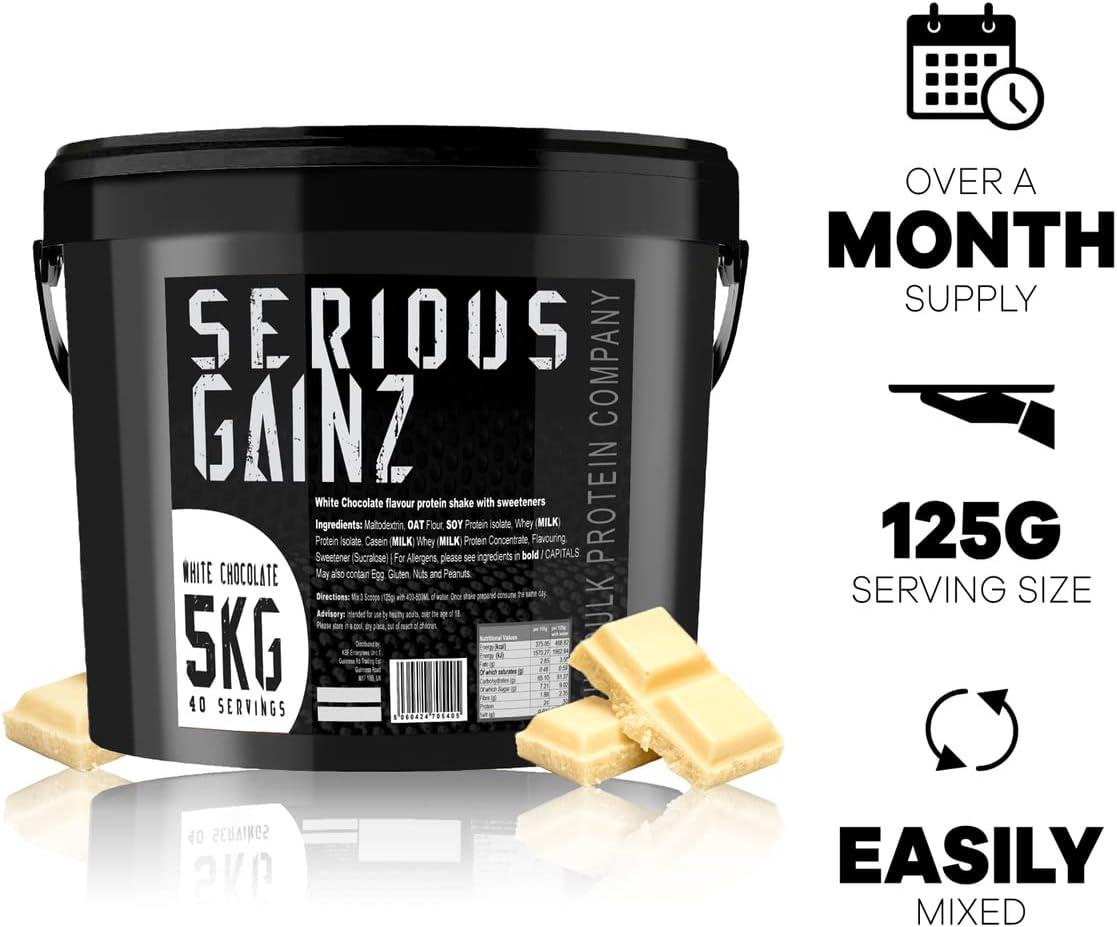 The Bulk Protein Company SERIOUS GAINZ White Chocolate Whey Protein Powder 5kg - 30g Protein ...