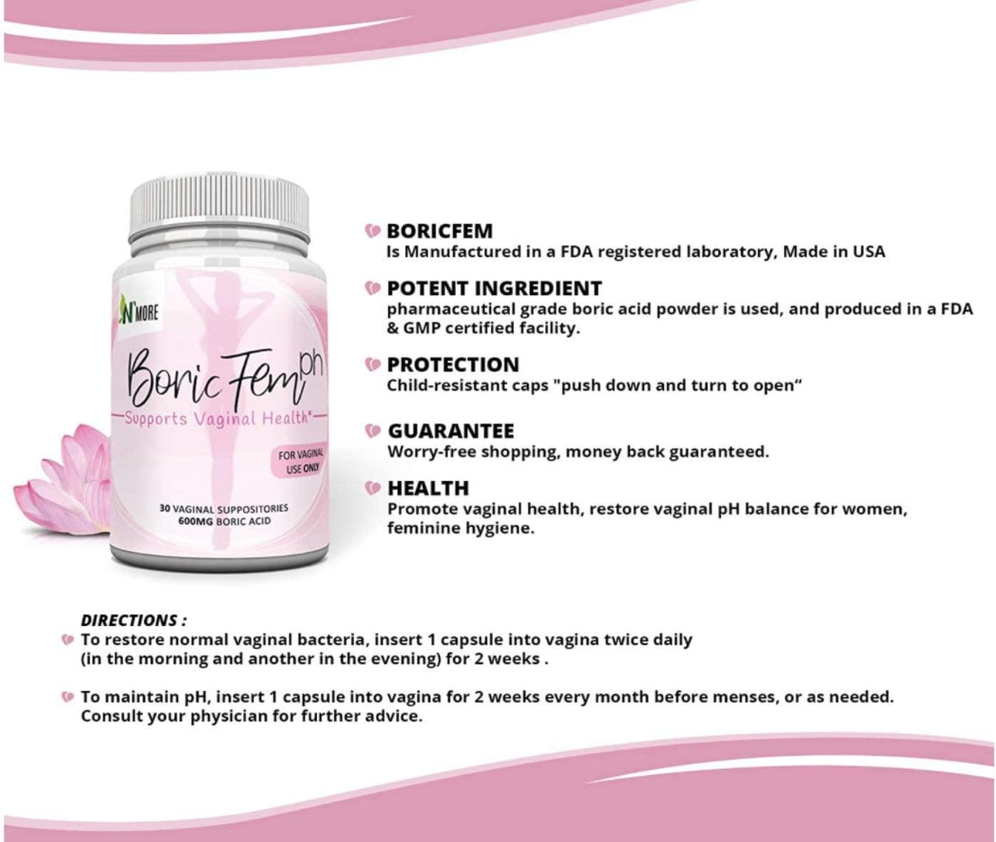 Boricfem Vaginal Suppositories - 100% Pure USA-Made Capsules for ...