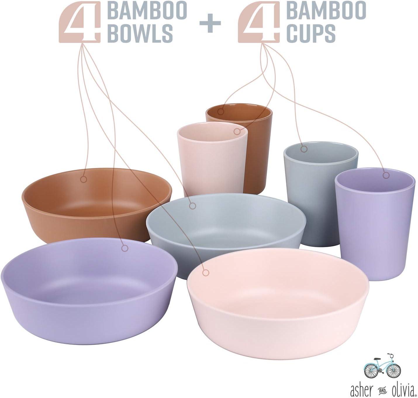 Kids Bamboo Bowls and Cup Set - Eco-Friendly 8 Piece Dishwasher Safe ...