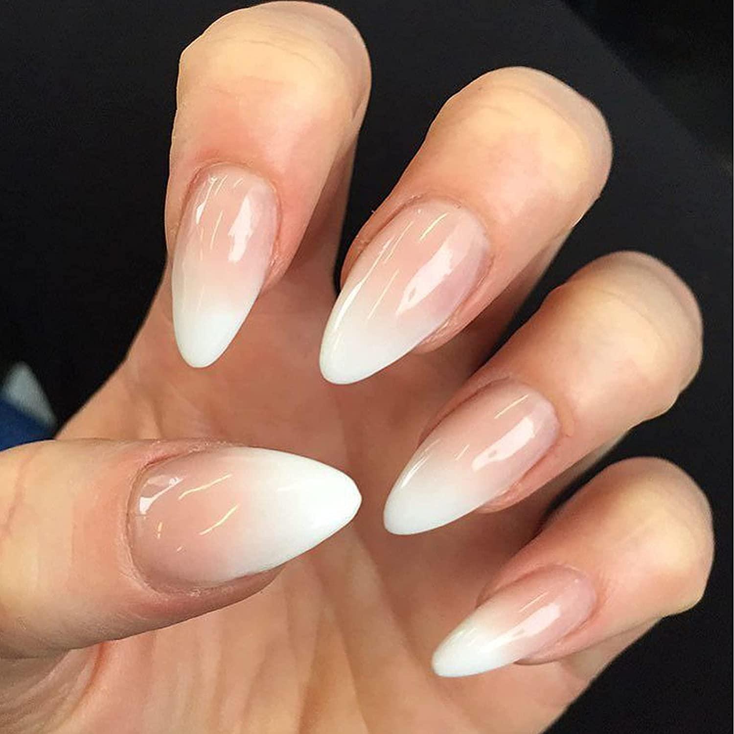 Short Almond Shape Glossy Nude White French False Nails Set | Press On ...