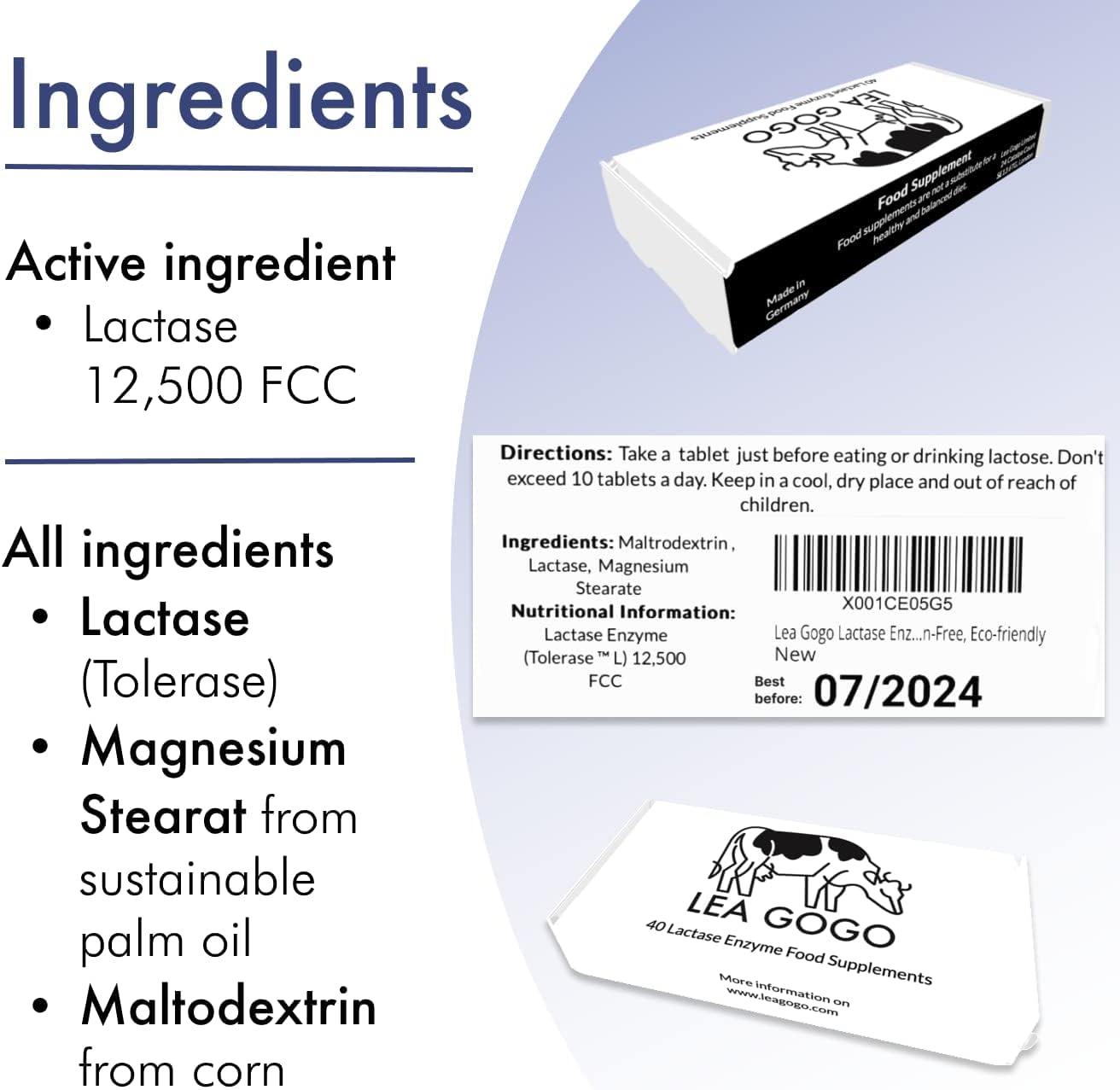 Lea Gogo Lactase Enzyme Tablets 40ct - High Strength 12,500 FCC - Dairy ...