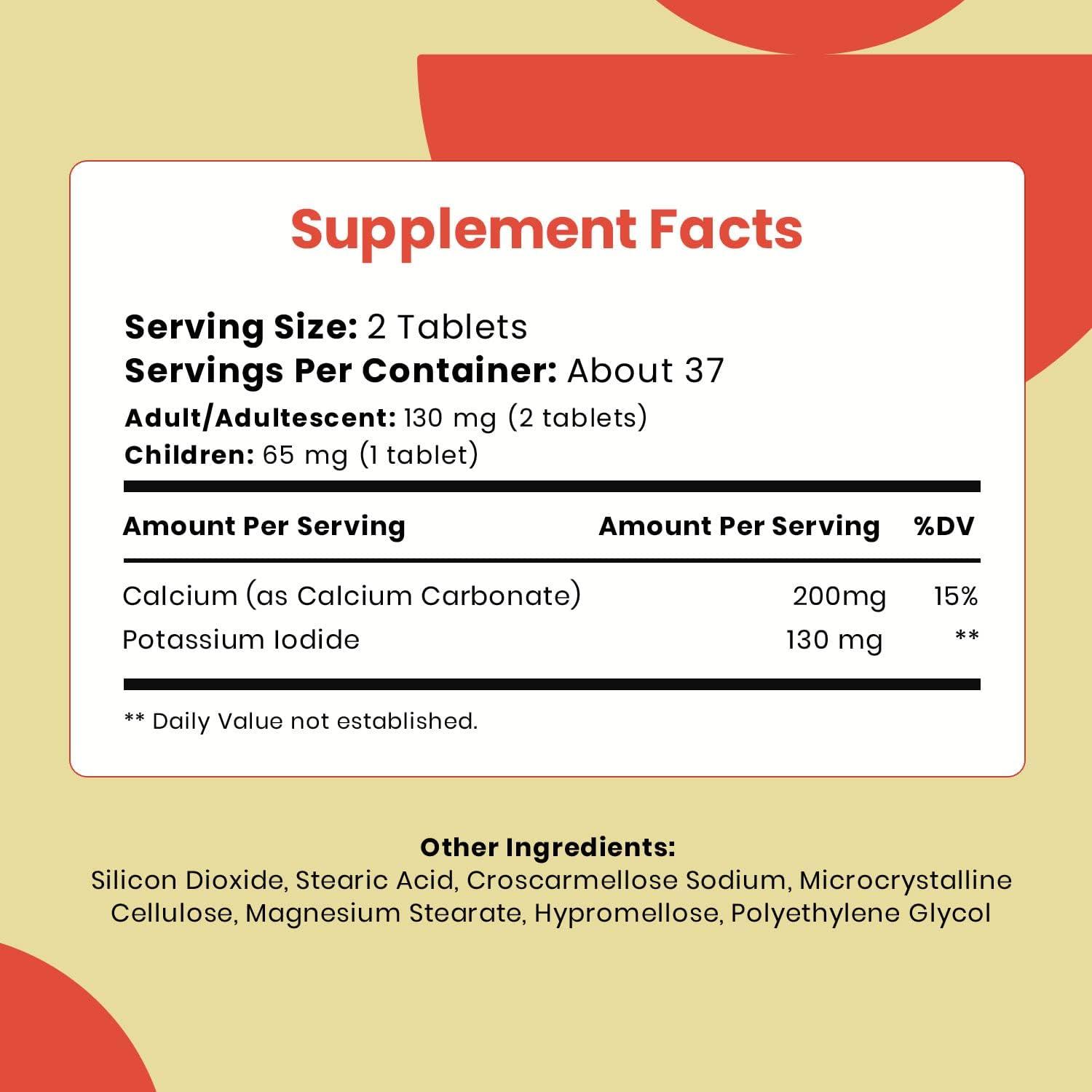 KI Potassium Iodide Tablets 130mg - 75 Tablets with Calcium Carbonate ...