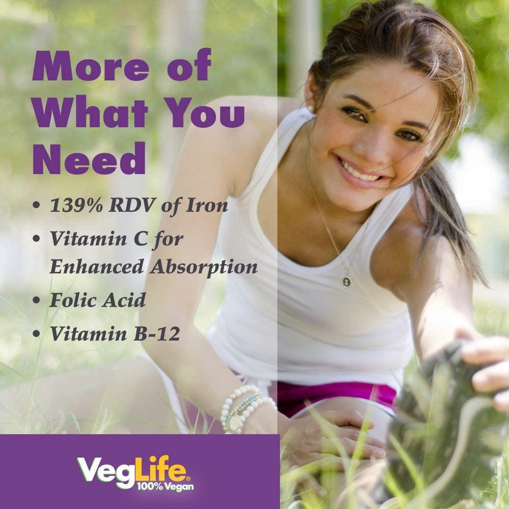 VegLife Vegan Iron 25mg Supplement with Vitamin C, Folic Acid, B-12 ...