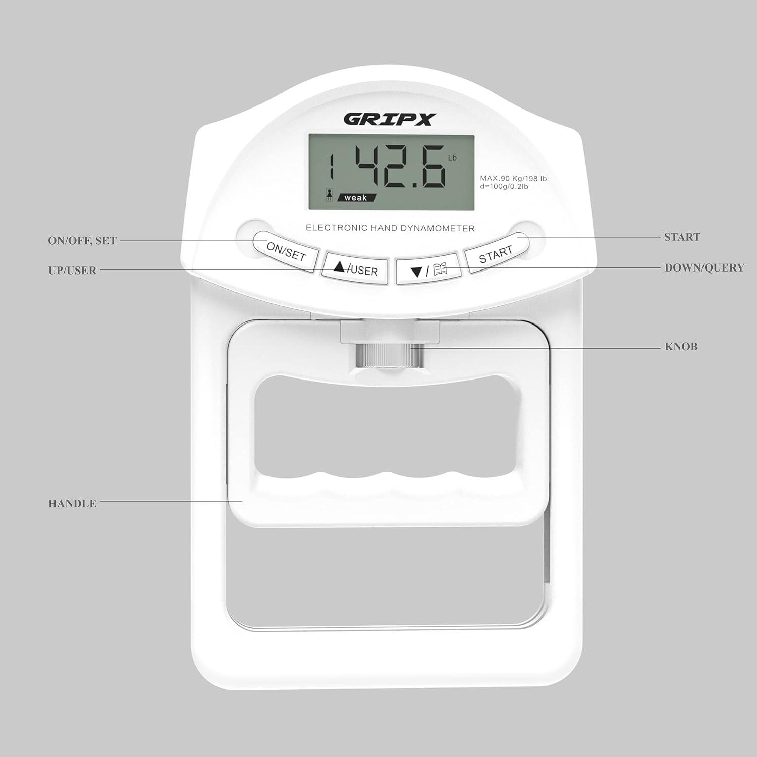 GRIPX Digital Hand Dynamometer - Accurate Grip Strength Meter Up to 198 lbs / 90 kg | Automatic ...
