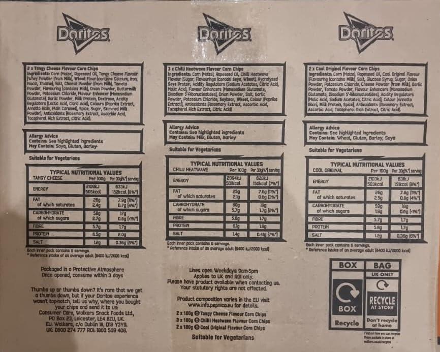 Doritos Crisps Chips Variety Box 7x 180g- 3x Chilli Heatwave 2x Cool ...