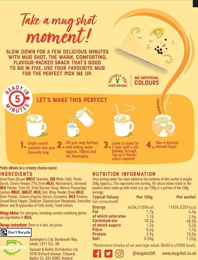 Mug Shot Instant Pasta Ready Meal - Quick Cheesy Pasta Perfect for ...