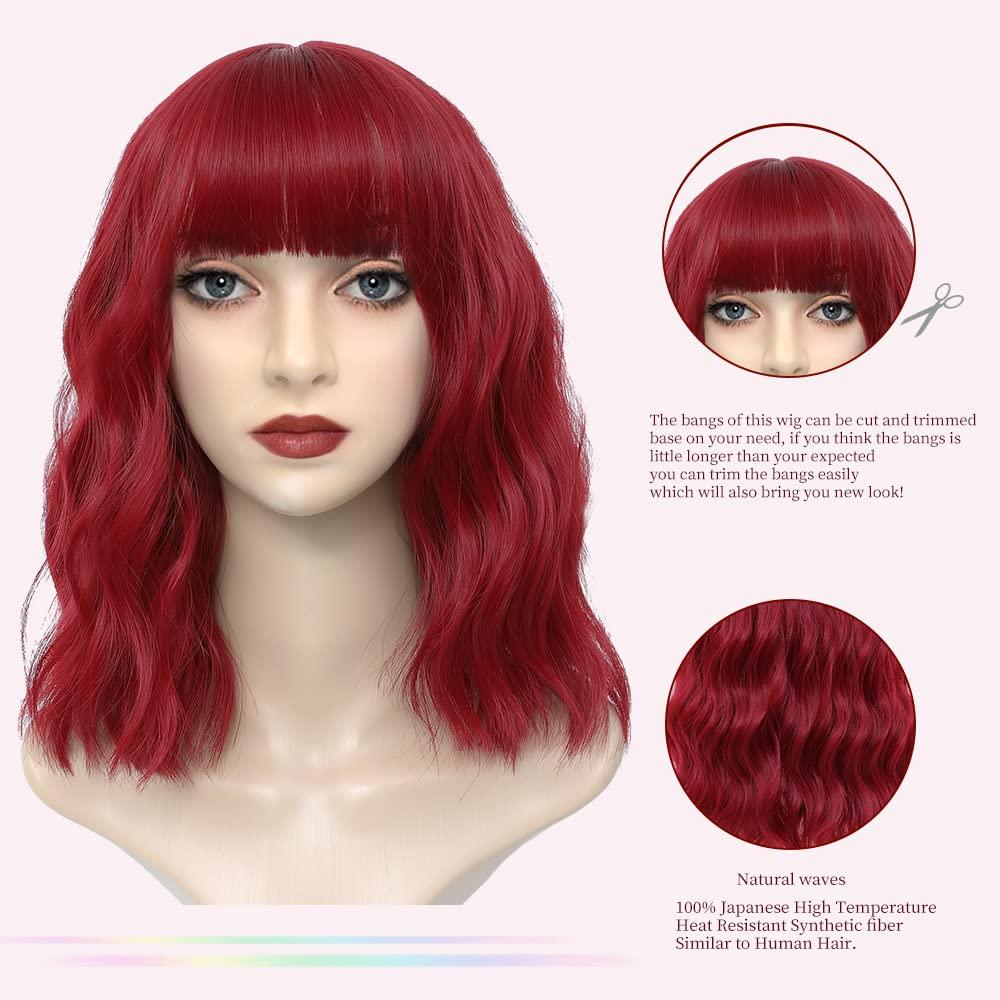 Short Red Wavy Bob Wig with Bangs - Natural Looking Synthetic Curly ...