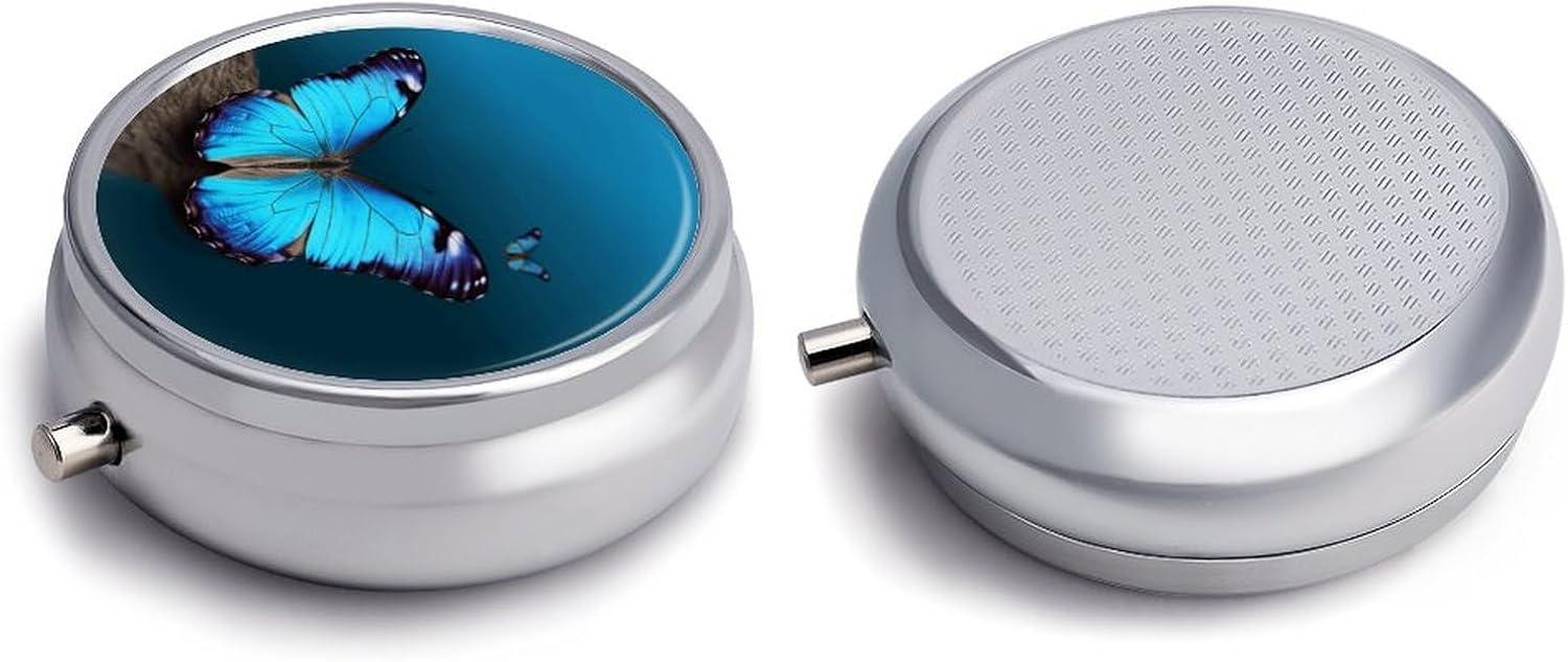 Beautiful Blue Butterfly Round Pill Box - 3 Compartment Portable ...
