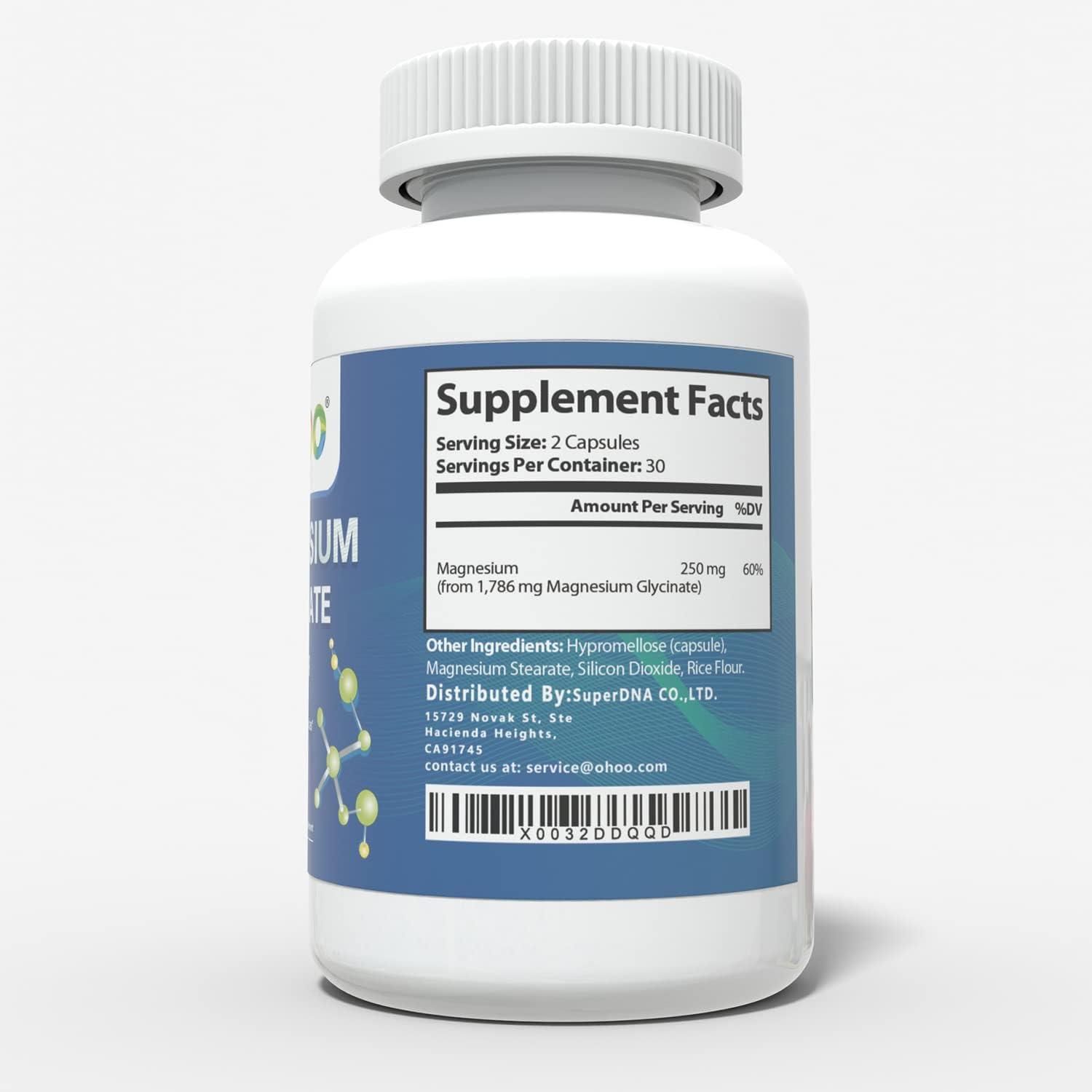 OHOO Magnesium Glycinate Supplement 250mg - 60 Capsules (60 Count ...