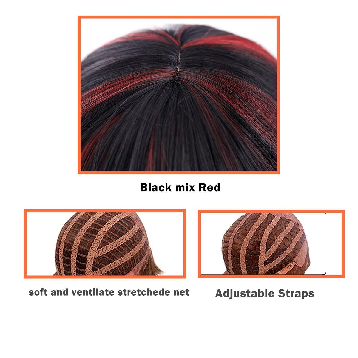 MeCamping Short Curly Wig with Bangs | Synthetic Wavy Red Mixed Black ...