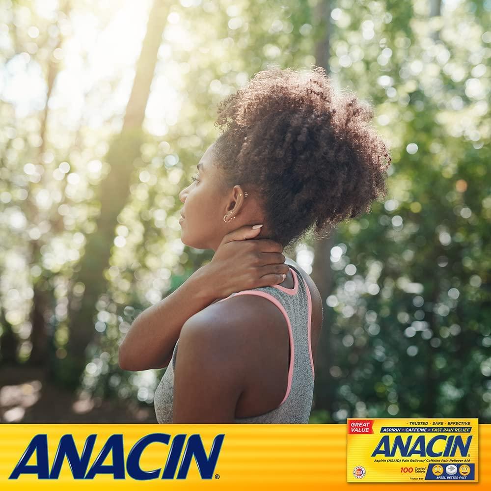 Anacin Fast Pain Relief, Aspirin + Caffeine Pain Reliever, 100 coated ...