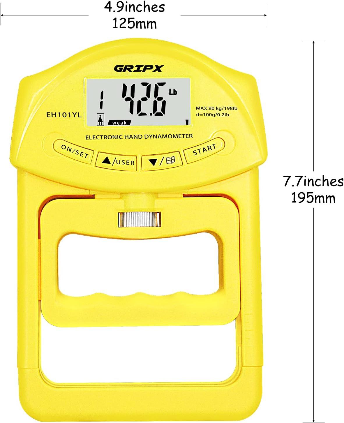 GRIPX Digital Hand Dynamometer - Automatic Grip Strength Meter | 198 lbs / 90 kg - Yellow ...