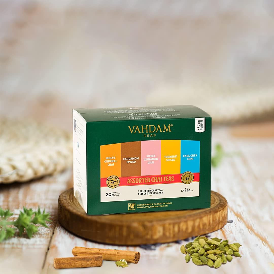 VAHDAM Chai Tea Sampler - 20 Assorted Tea Bags - Cardamom, Cinnamon ...
