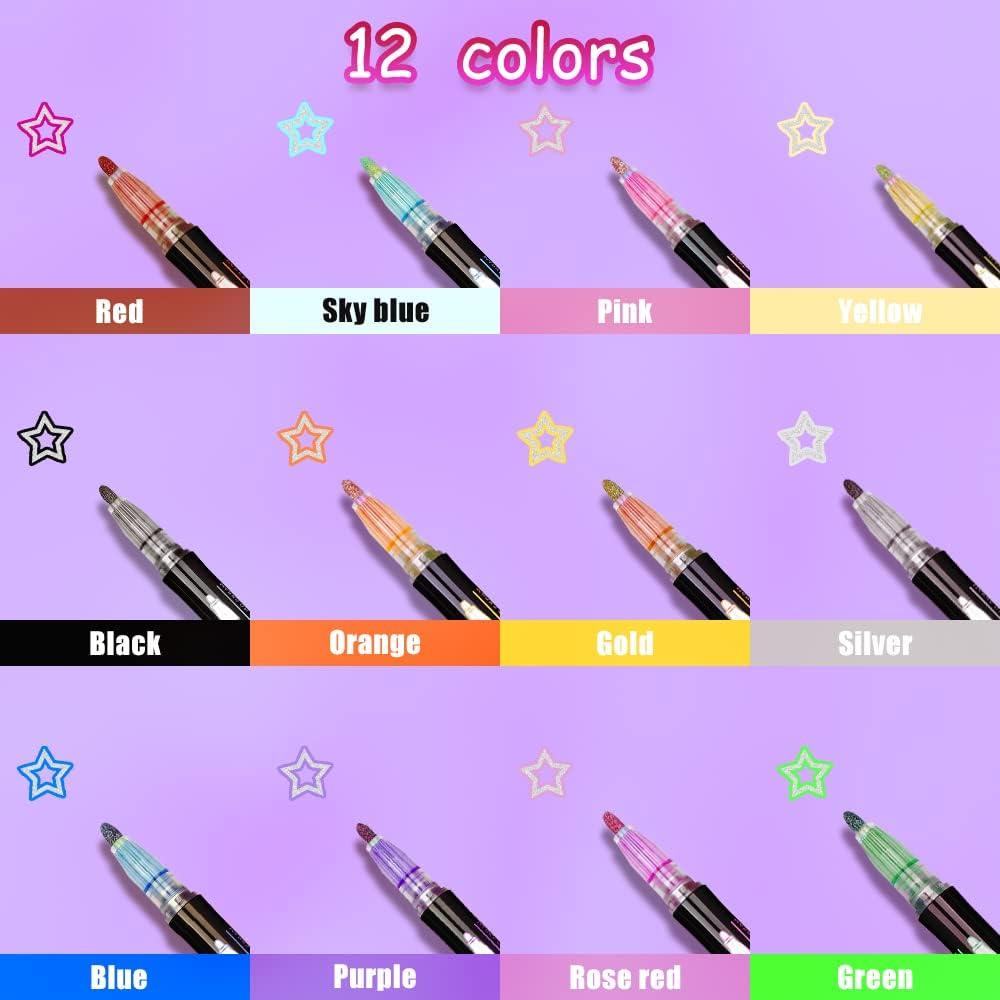 Double Line Markers Outline Pens Set - 12 Glitter Colors for DIY Art ...
