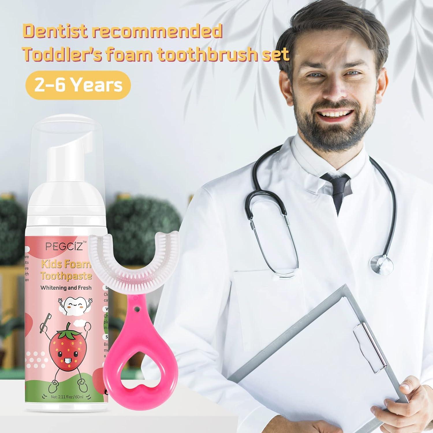 Kids Foam Toothpaste with Low Fluoride & U-Shaped Toothbrush Combo Pack ...