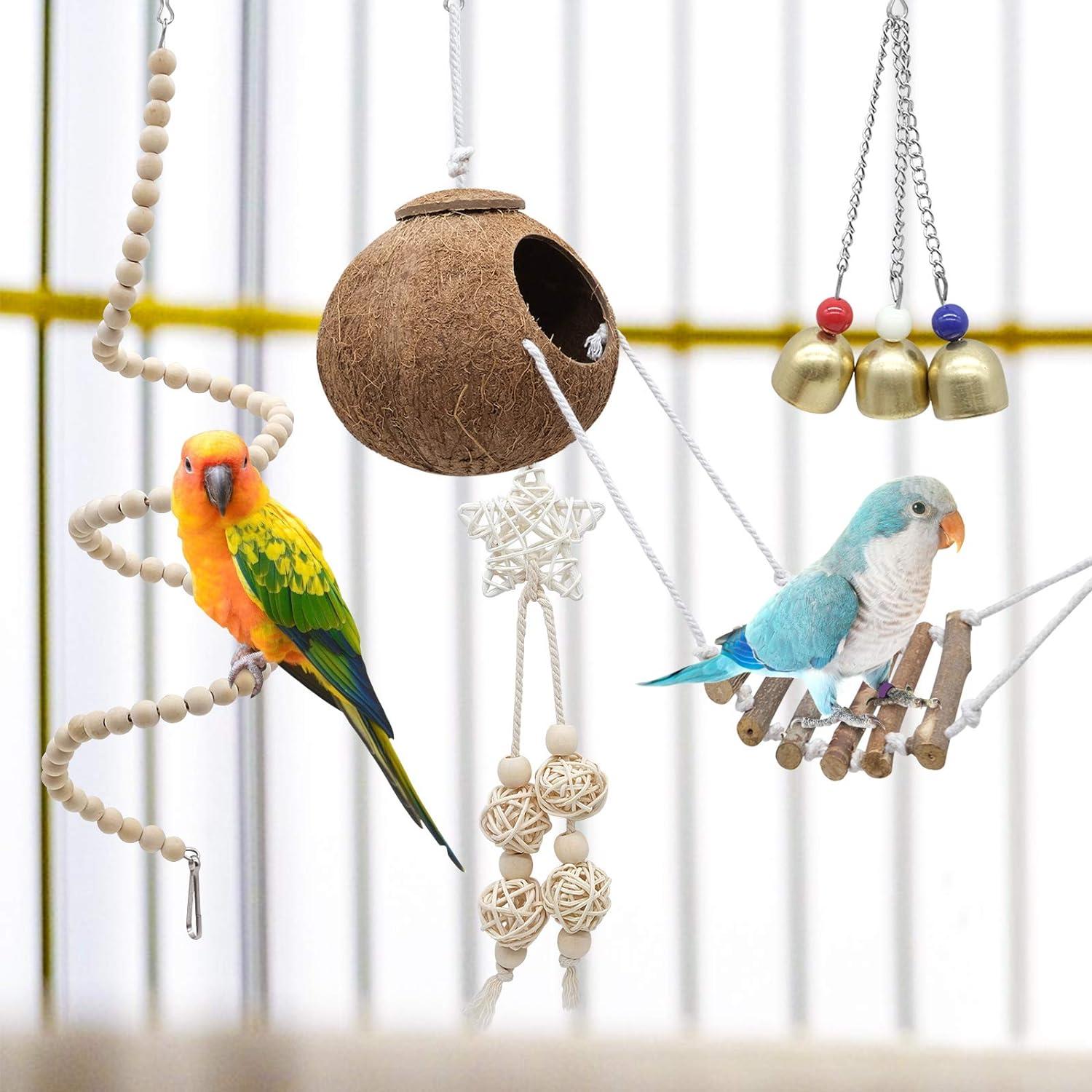 Yue Budgie Toys 7 Pcs Bird Toys Natural Coconut Bird Cage with Ladder ...