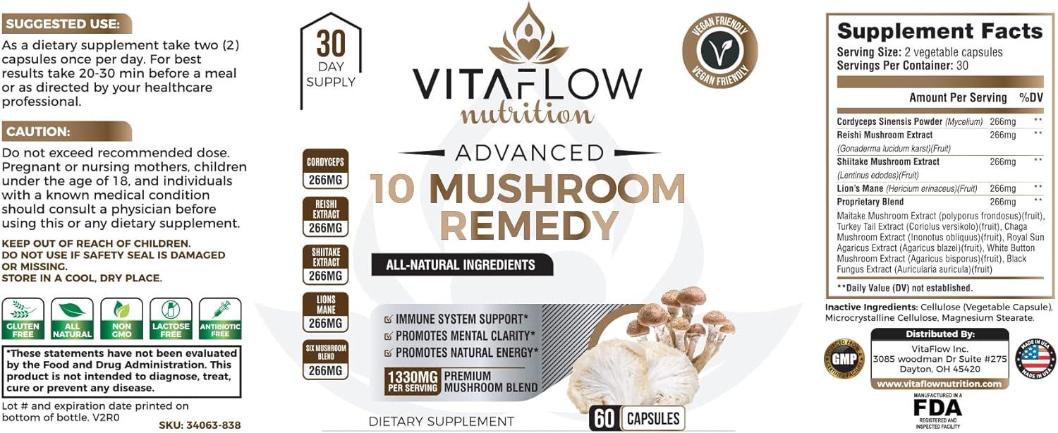 VITAFLOW Nutrition Premium Supplements 10 Mushroom Remedy-60 Capsules ...