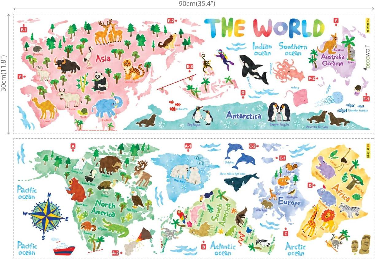 Decowall Bs 1615s Animal World Map Large Kids Wall Stickers Removable