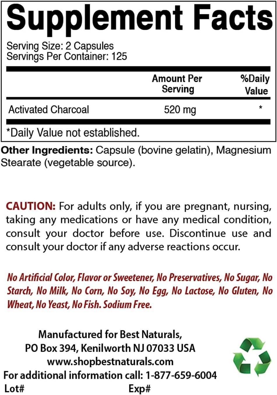 Best Naturals Activated Charcoal 280mg - 250 Capsules (Pack of 1 ...