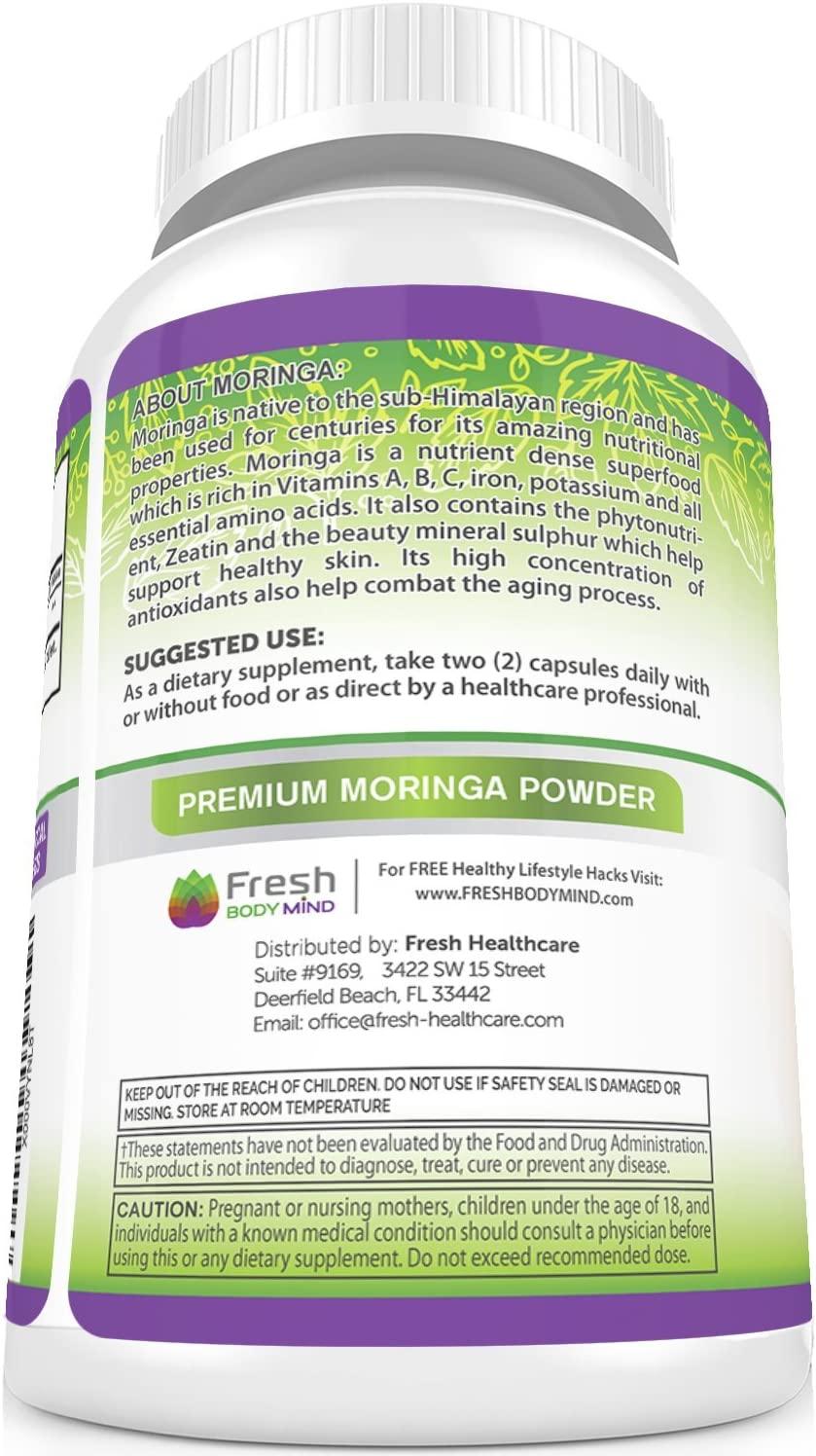 Moringa Oleifera 180 Capsules | 100% Pure Leaf Powder | 1000mg Per Serving | Green Superfood ...