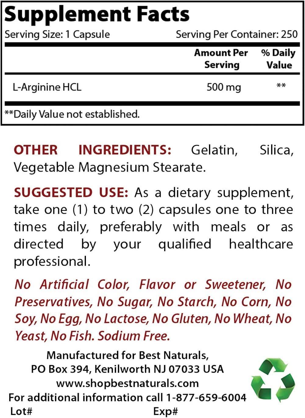 Best Naturals L-Arginine 500mg 250 Capsules - Pharmaceutical Grade ...