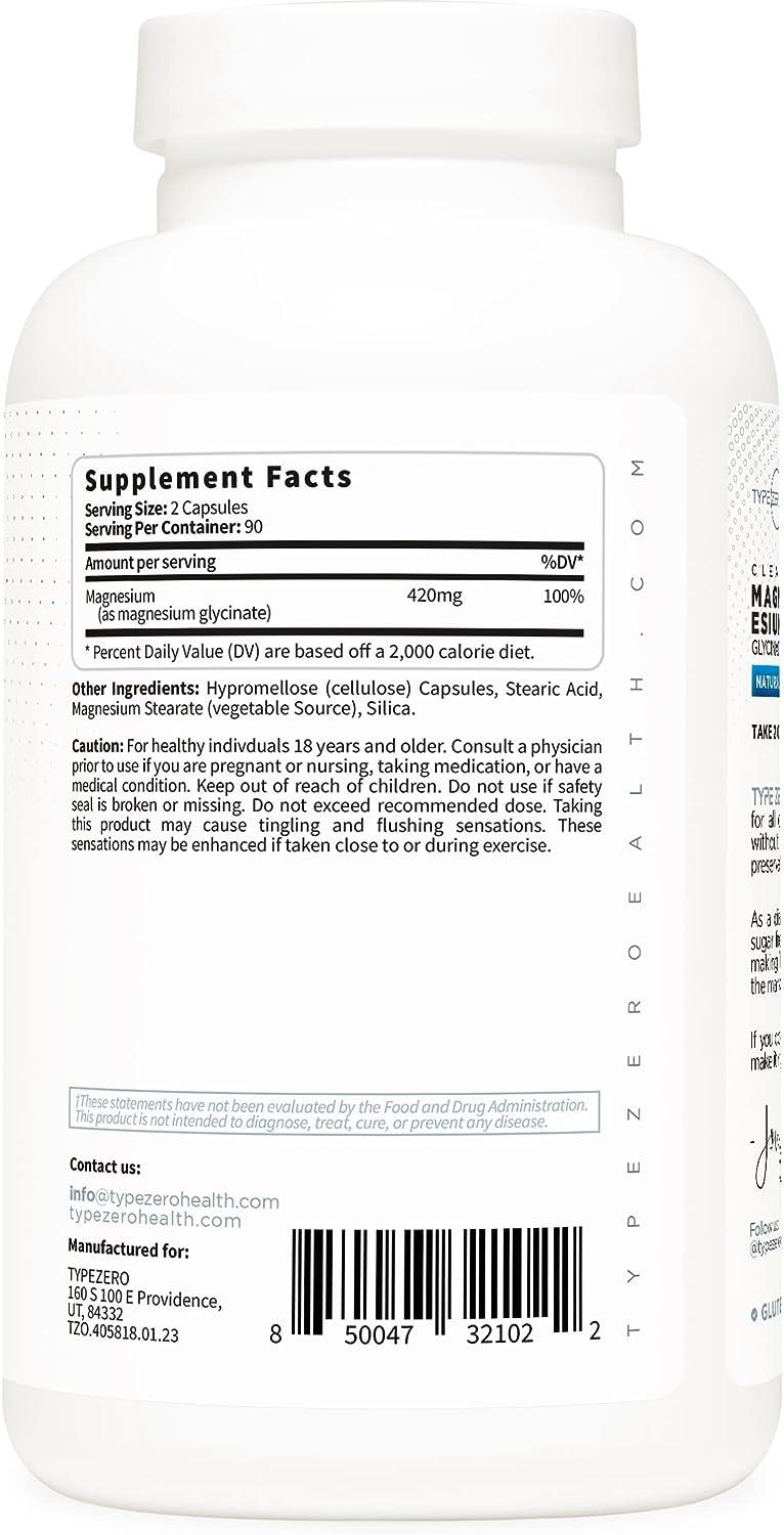 Type Zero Magnesium Glycinate 420mg | 180 Capsules - Non-GMO, Gluten ...