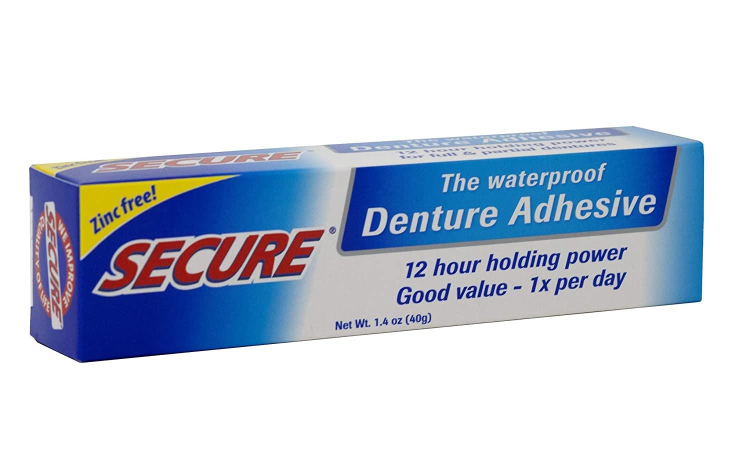 Secure Waterproof Denture Adhesive - Zinc-Free, Extra Strong Hold - 1.4 ...