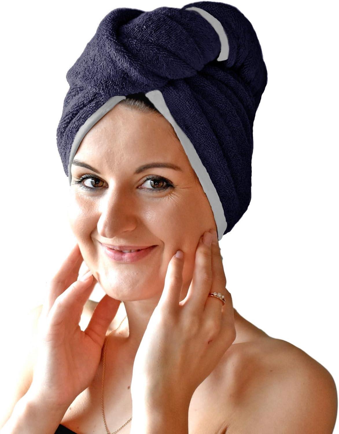 Homelevel 2x Terry Hair Turban with Button - Quick Drying 100% Cotton ...