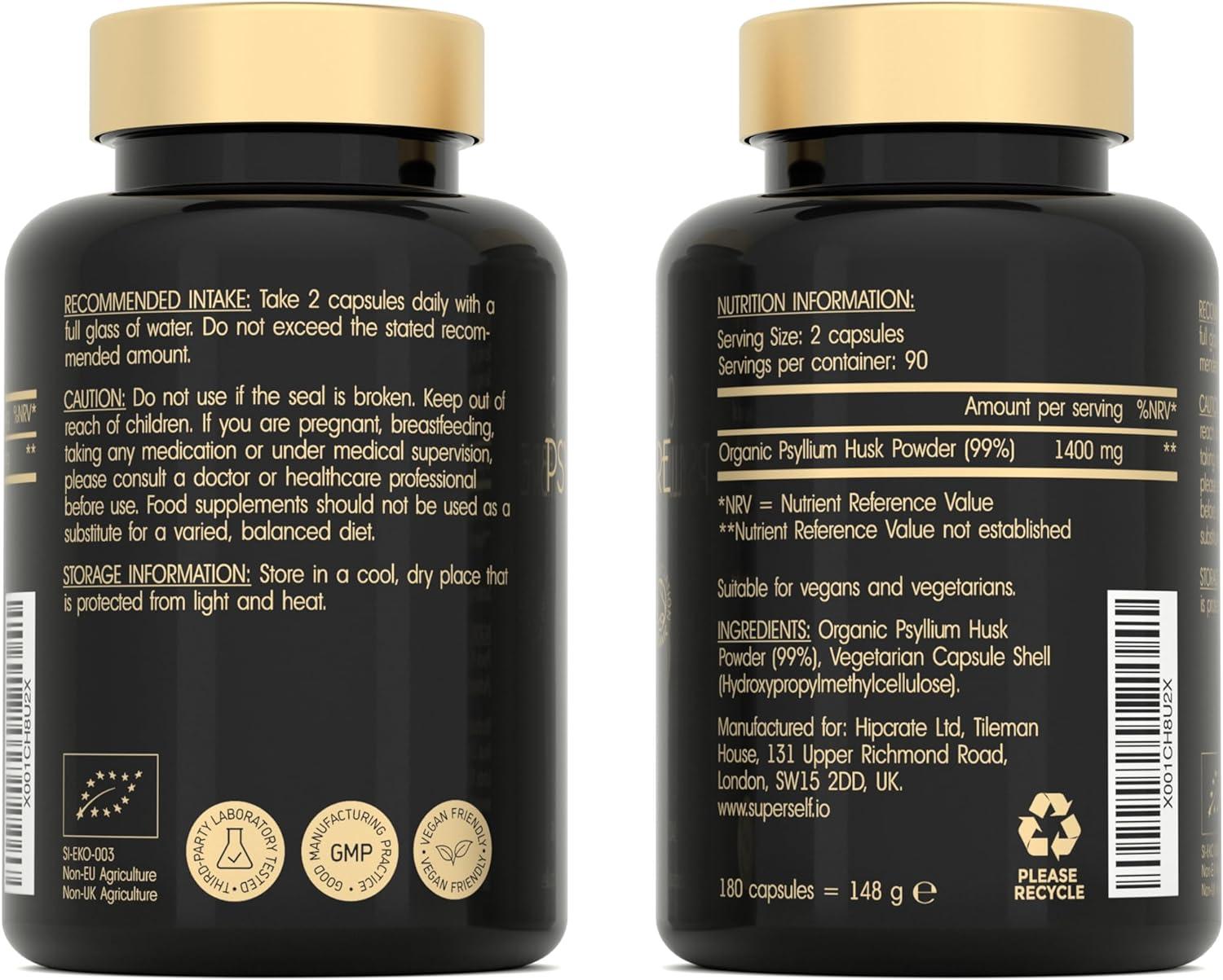 Certified Organic Psyllium Husks Capsules 1400mg - 180 Tablets - High ...