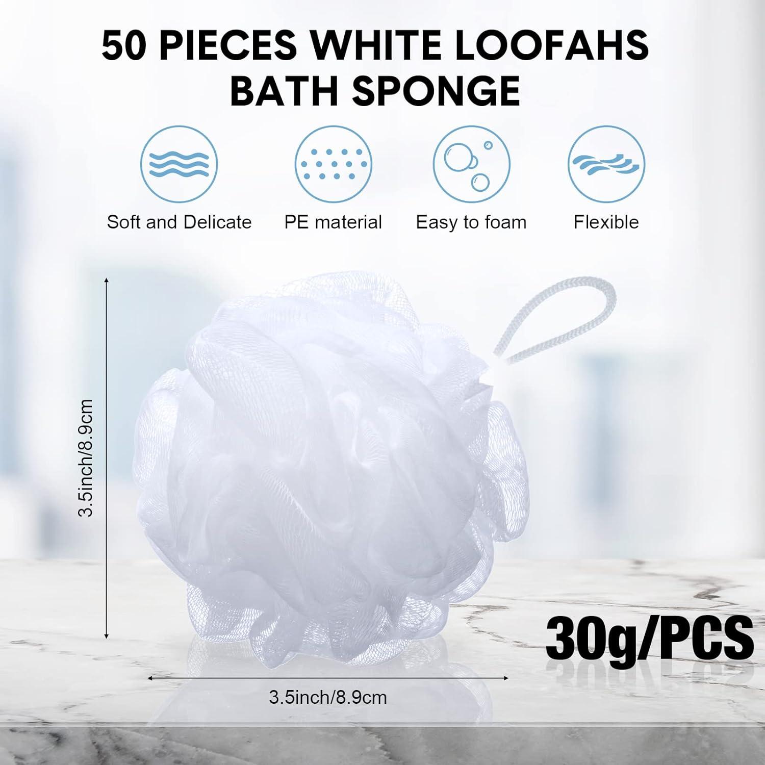 50 Pack Loofah Sponge Bath Shower Balls | White Mesh Body Puff for Men ...