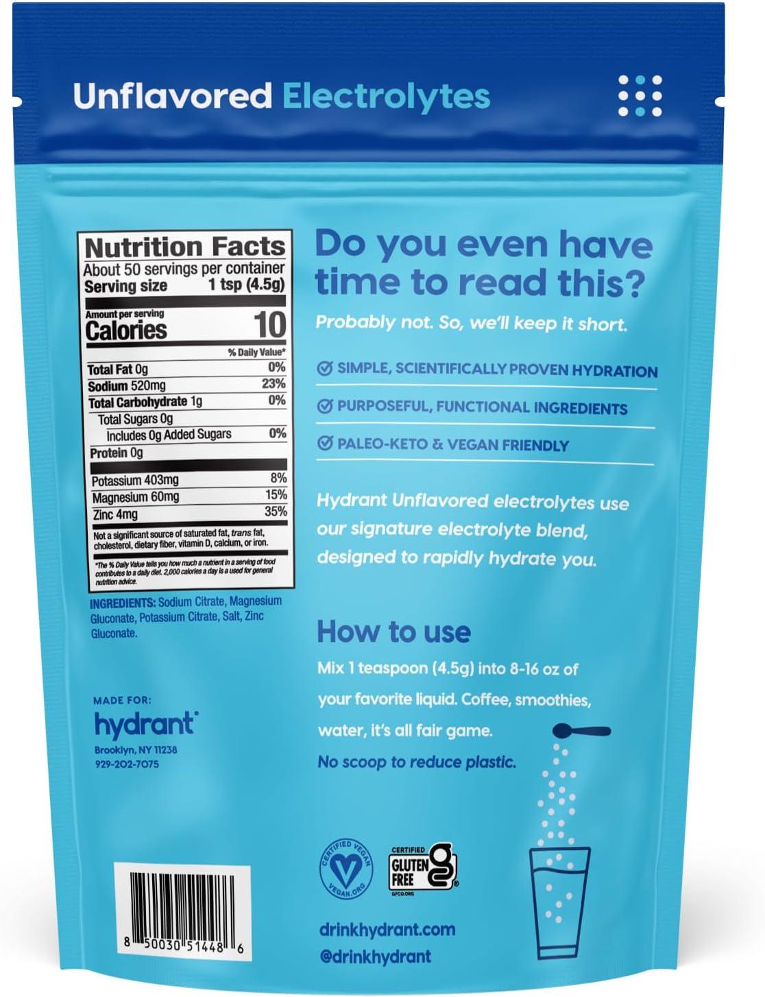 HYDRANT Bulk Unflavored Electrolytes - Fast Acting Hydration Zero Sugar ...