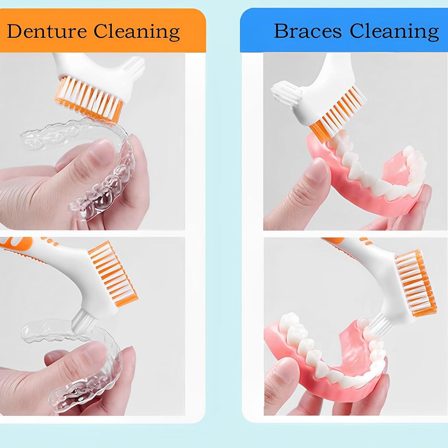 Denture Cleaning Brush Set - 4 Pack Double Bristle Head Retainer ...