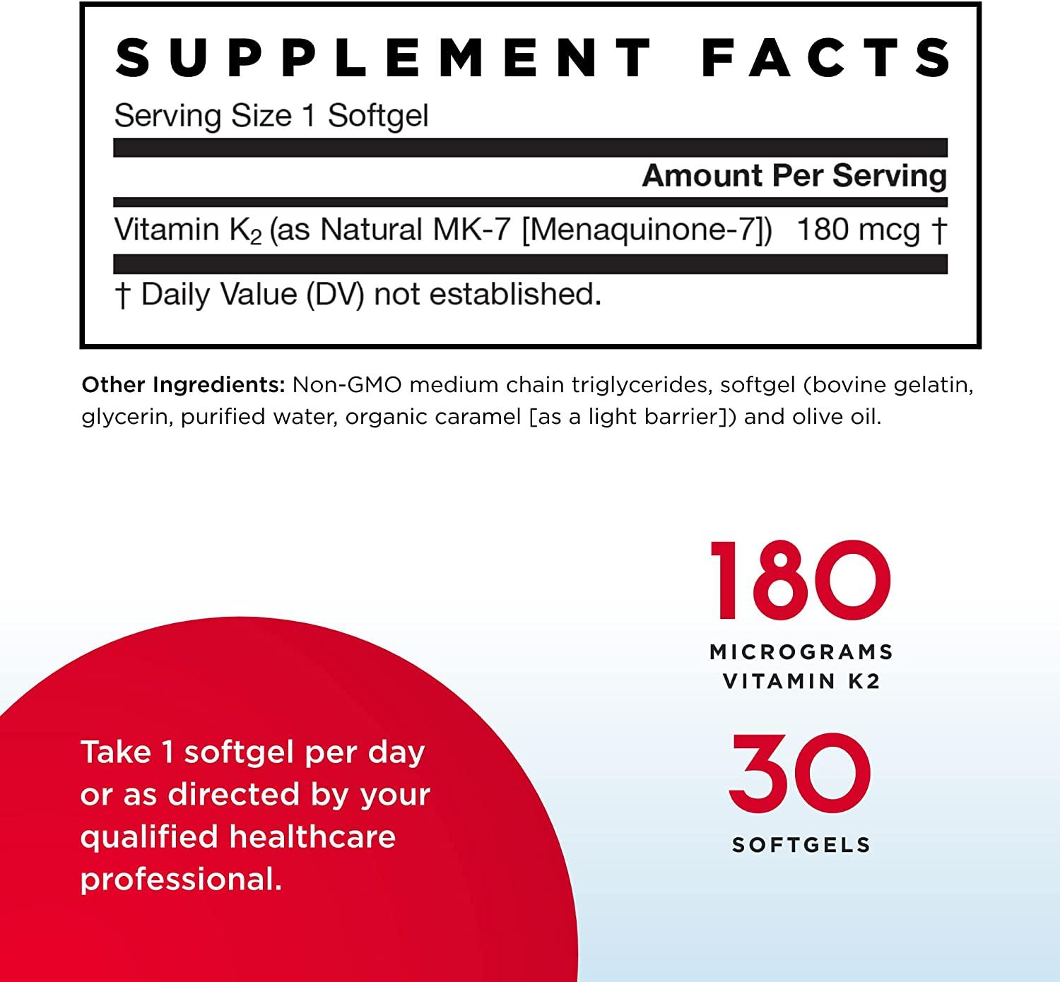 Jarrow Formulas MK-7 Vitamin K2 180 mcg - 30 Softgels | Most Active K2 ...