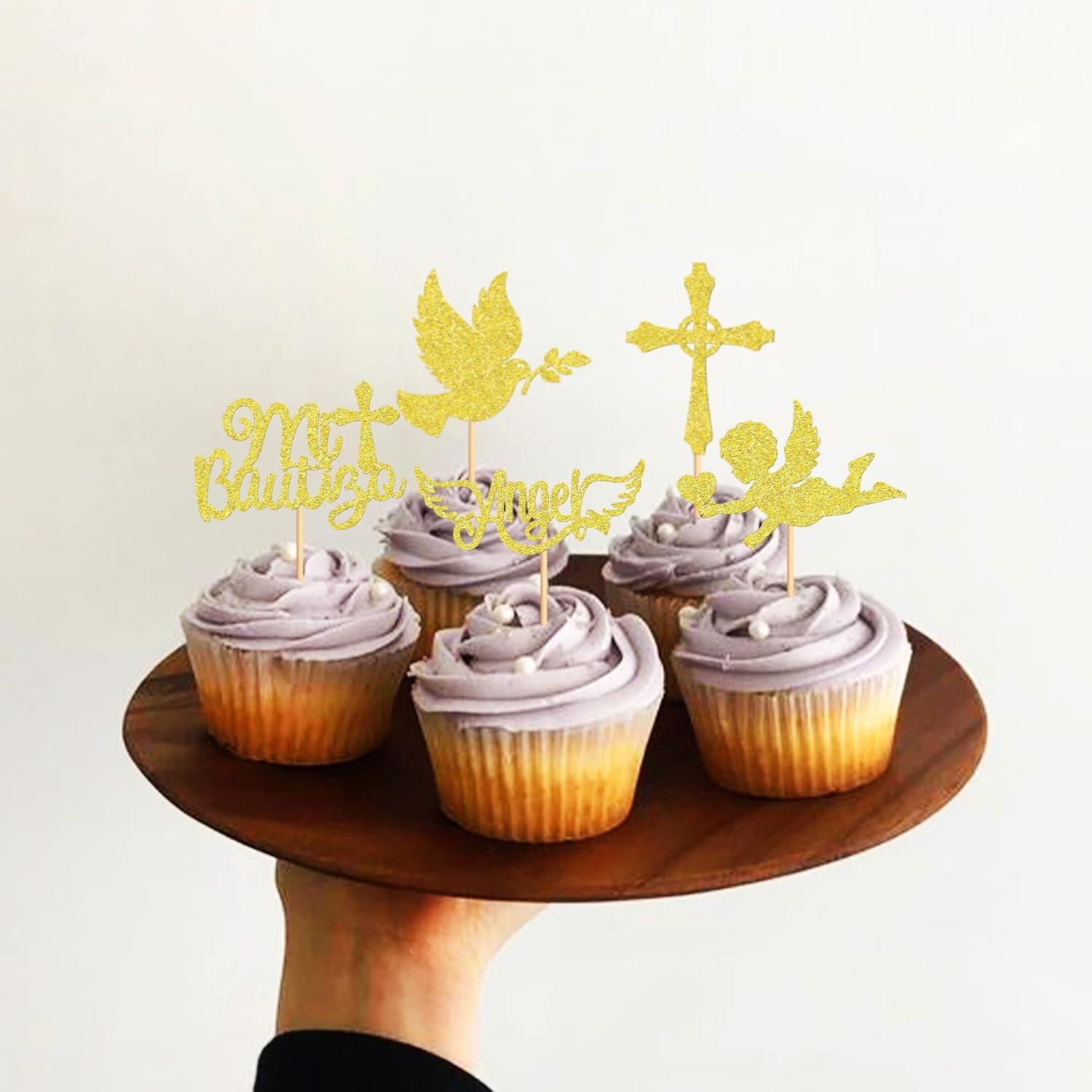 Ercadio 30 Pack Mi Bautizo Cupcake Toppers Gold Glitter Cross Angel ...
