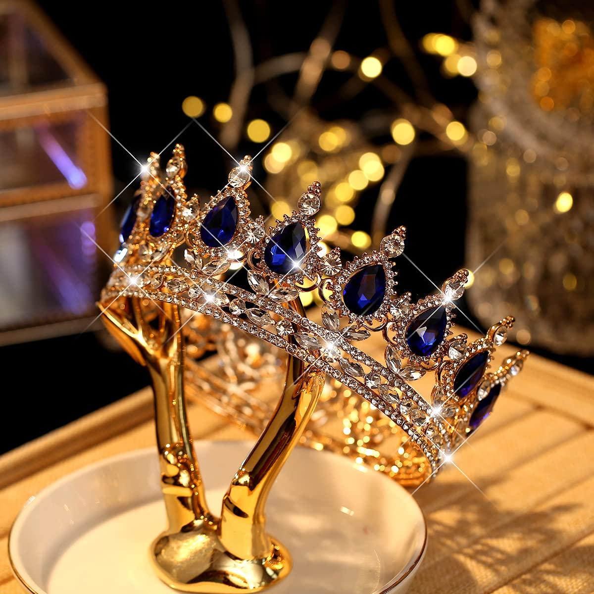 Vintage Royal Queen Teardrop Rhinestone Diadem Tiaras Crown - Gold Blue ...