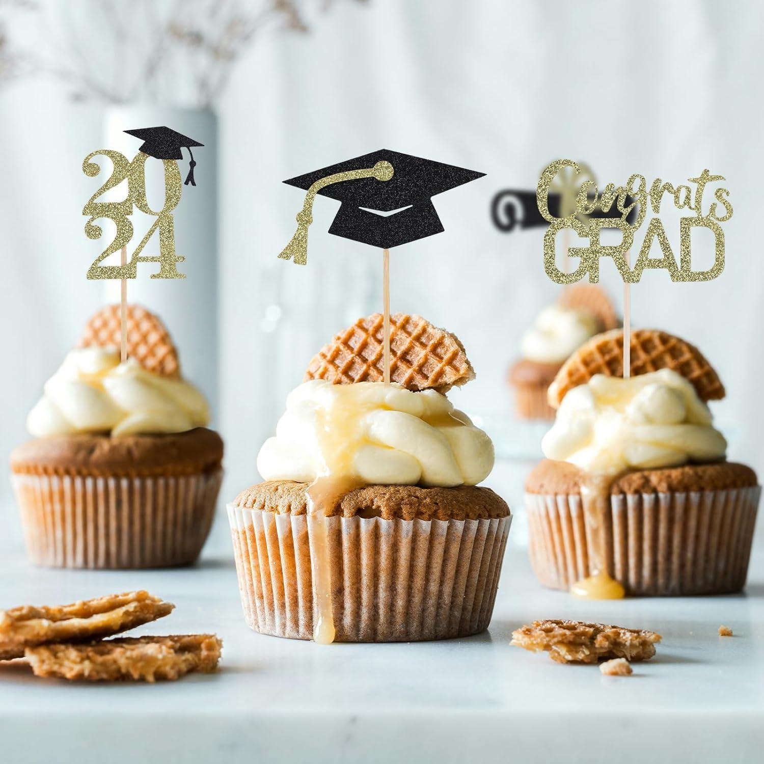 36pcs Graduation Cupcake Toppers 2024 Glitter Graduation Cap Diploma ...