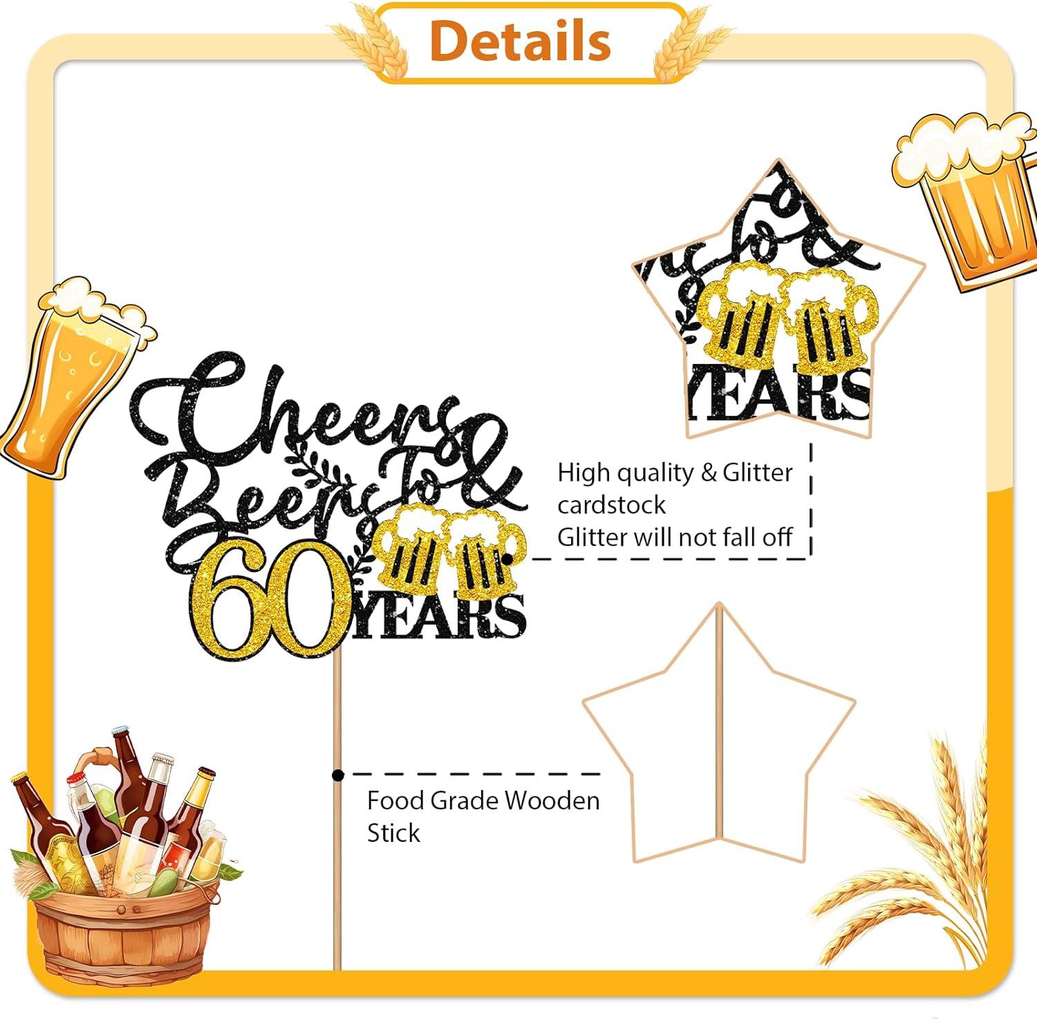Cheers & Beers to 60 Years Cake Topper Gold&Black Glitter Happy 60th ...
