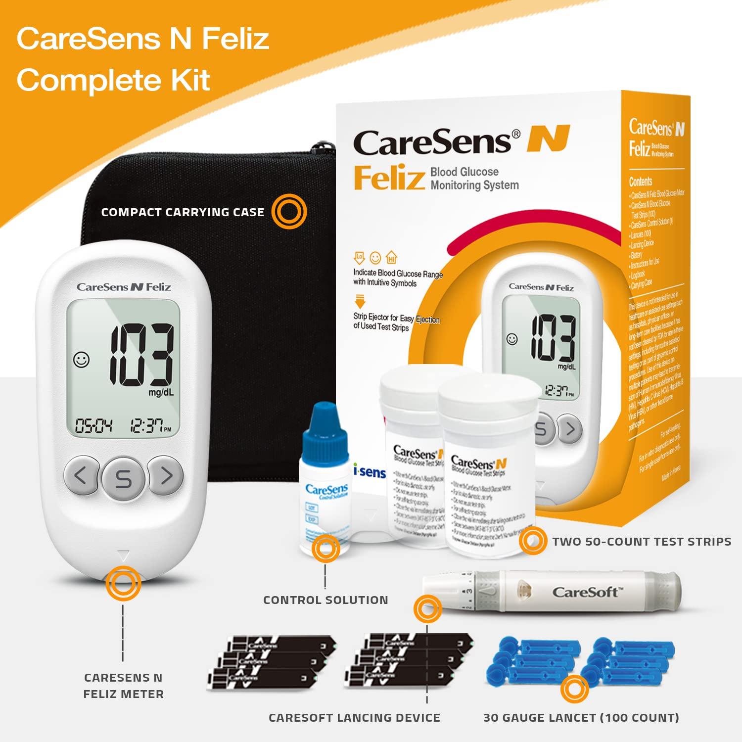 CareSens N Feliz Blood Glucose Monitoring Kit with 100 Test Strips ...