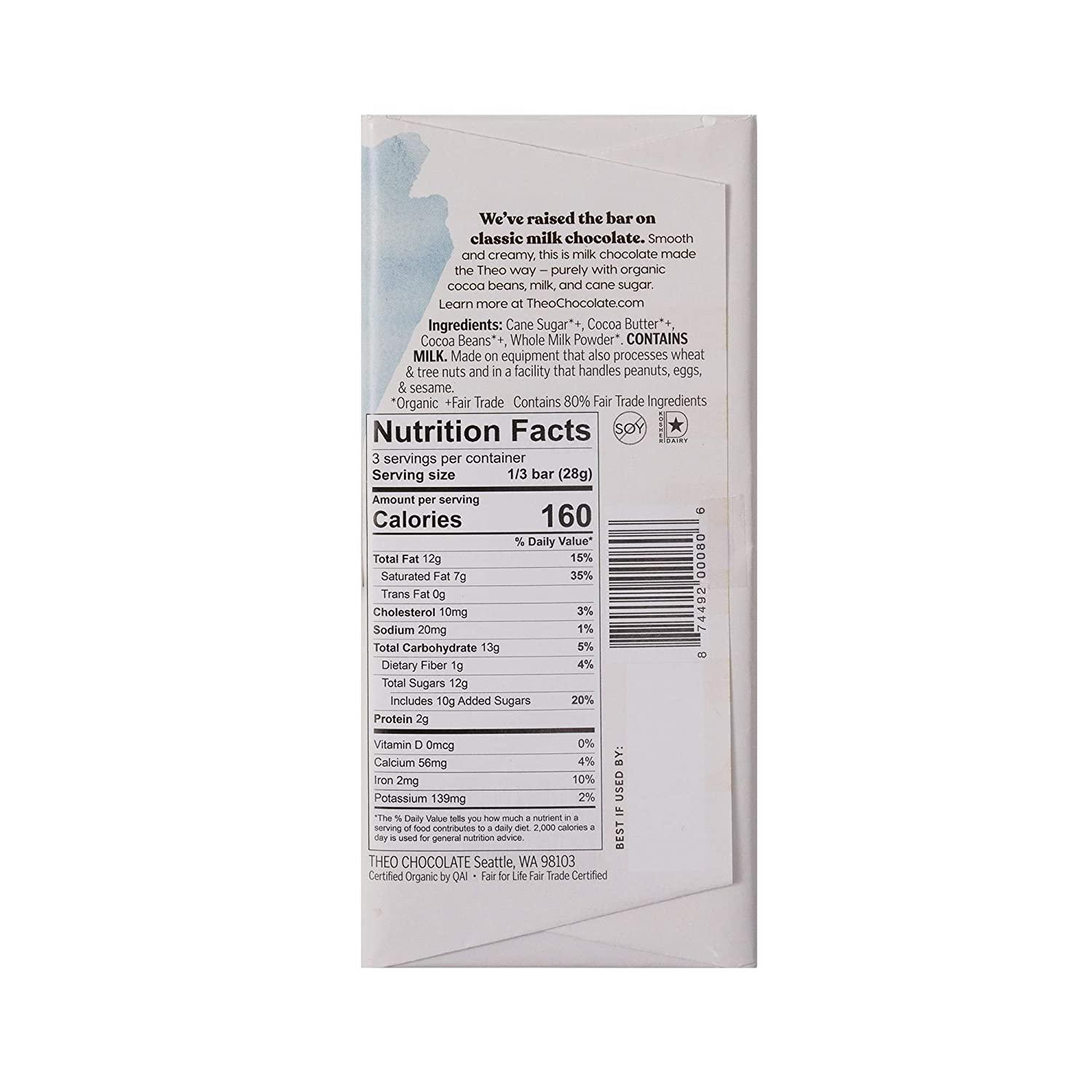 Theo Organic Milk Chocolate Bar 45% Cacao - 12 Pack | Fair Trade 3 oz ...