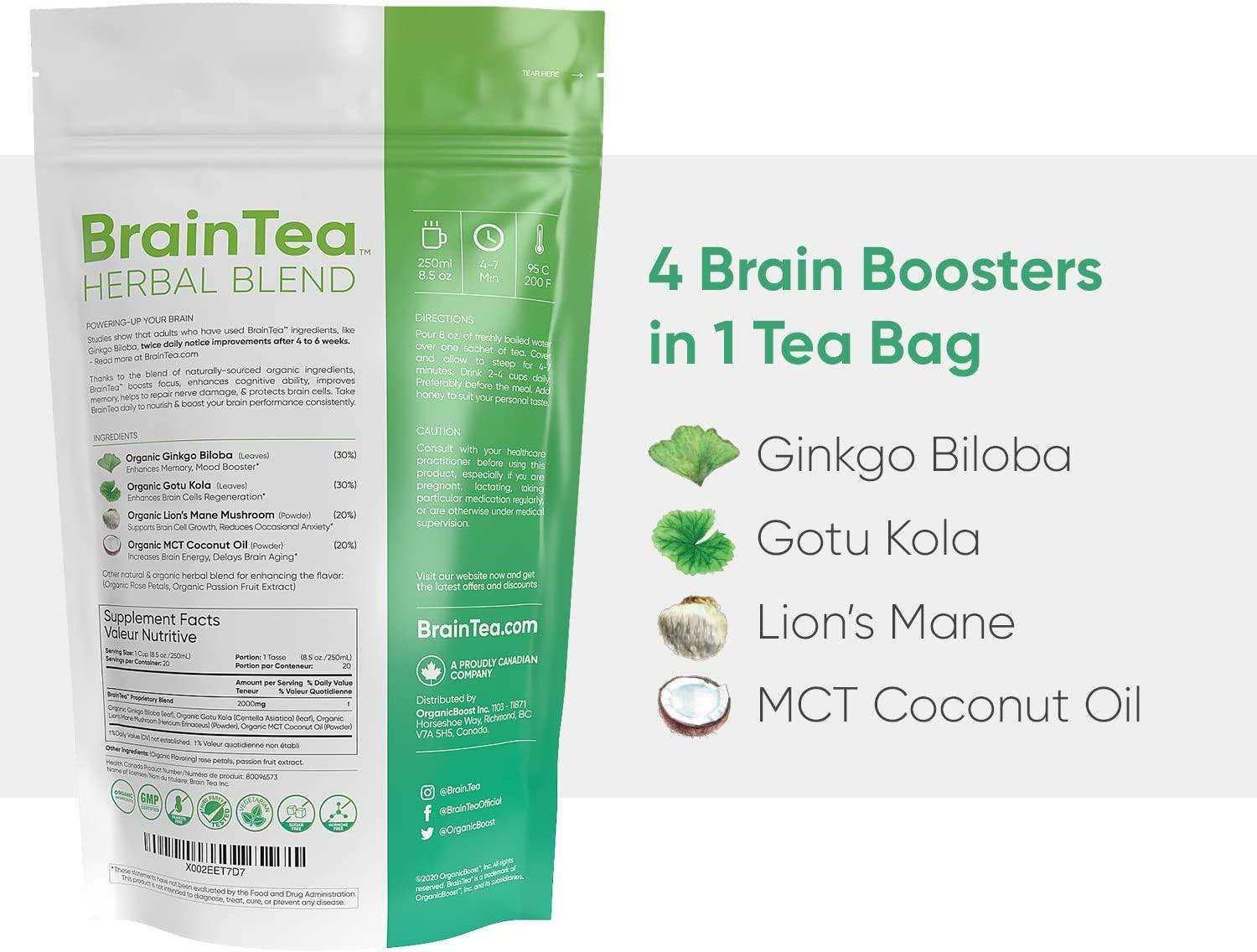 Organic Brain Tea with Gotu Kola, Ginkgo Biloba, Lion's Mane Mushroom ...