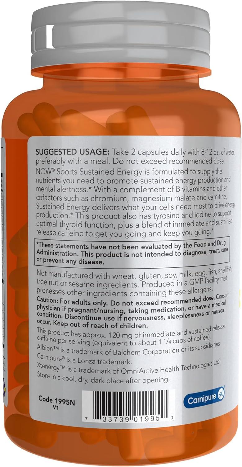 NOW Sports Sustained Energy Capsules with Caffeine and B Vitamins (90 ...